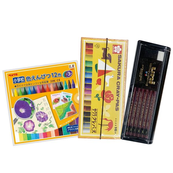 新入学準備に必要な色鉛筆・クレヨン・鉛筆3点をセットにしました。当店で学校用品として人気のある商品を選定した人気のセットです。セット内容◆ぺんてる 小学校色えんぴつ 12色+3色 GCG1-12P3 Pentel外箱サイズ：185×182×...
