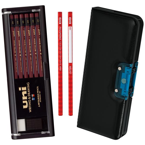 フタを閉めると自動でロックのかかる人気の筆箱、小学生定番のユニ鉛筆、発色が良く折れにくい赤鉛筆をセットにしました。セット内容◆筆箱 オートロック筆入 ブラック CF500BK クツワサイズ：H223×W94×D29mm重量：187gフタを閉...