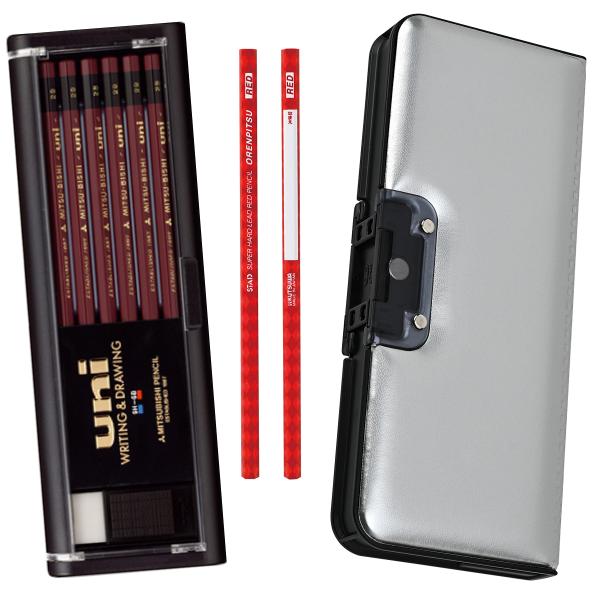 フタを閉めると自動でロックのかかる人気の筆箱、小学生定番のユニ鉛筆、発色が良く折れにくい赤鉛筆をセットにしました。セット内容◆筆箱 オートロック筆入 シルバー CF500SV クツワサイズ：H223×W94×D29mm重量：187gフタを閉...