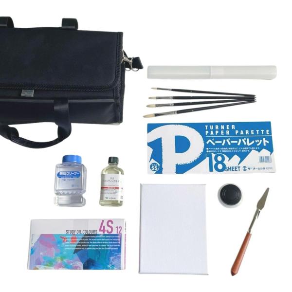 油絵を始める方へ。持ち運びに便利な収納バッグ付きです。撥水加工、通気性に優れ、マチも広いので、ペインティングオイルなど、厚みのある道具も安心して収納できます。セット内容◆クサカベ 習作用油絵具 4S-12 12色セット 10mL紙箱入り容量...