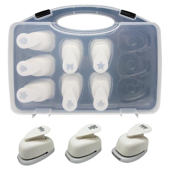 本体材質：ABS樹脂、亜鉛合金ケースサイズ：幅約285×奥行210×高さ50mmケース材質：ポリプロピレンセット内容：天使、結晶、りんご、ちょう、クローバー、ねこ、さかな、ベル、キャンディ、車紙専用のパンチャーです。子供でも楽に穴あけができ...