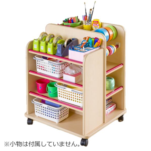 サイズ：幅約600×奥行645×高さ800mm質量：約23.4kg本体：ポリエステル化粧合板、プリント合板、ビーチ製深底お道具箱・ミニカゴ：ポリプロピレン製お道具箱4個、ミニカゴ3個付絵画製作や造形あそびに使う用具や素材を収納できるワゴンで...