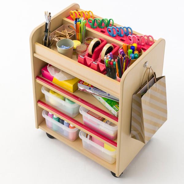 サイズ：幅約620×奥行425×高さ785mm質量：約22.4kg本体：ポリエステル化粧合板、プリント合板、高密度PE製深底お道具箱：ポリプロピレン製お道具箱4個付絵画製作や造形あそびに使う用具や素材を収納できるワゴンです。多種多様な用具や...