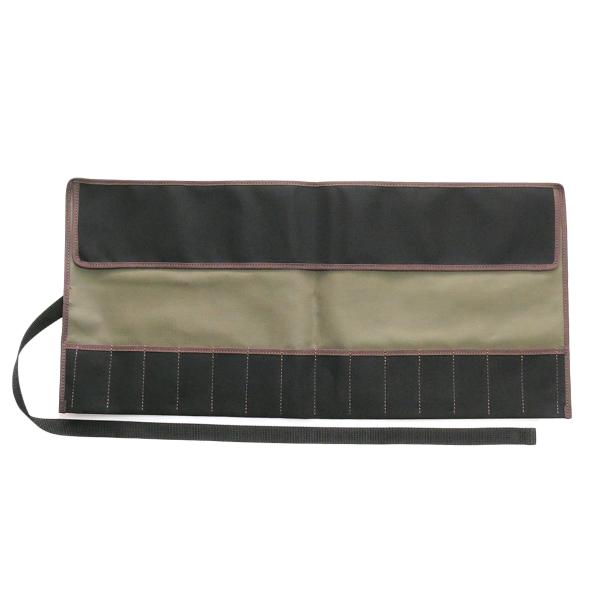 サイズ：270×580ｍｍ材料：高級帆布収納：約14本※画像の彫刻刀はイメージです。付属しません。高級帆布製ののみ袋です。厚みのあるしっかりとした生地で、高級感があります。表と裏を合わせて縫製しており丈夫です。フラップがついているので彫刻刀...