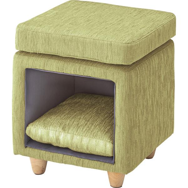 ペットがくつろげるペットハウススツール。人も座って一緒にくつろぐことができます。色：グリーンサイズ：W35×D35×H41（cm）材質：木フレーム ポリプロピレン ポリエステル静的耐荷重：80kg組立：ねじ込み式PET-62GR