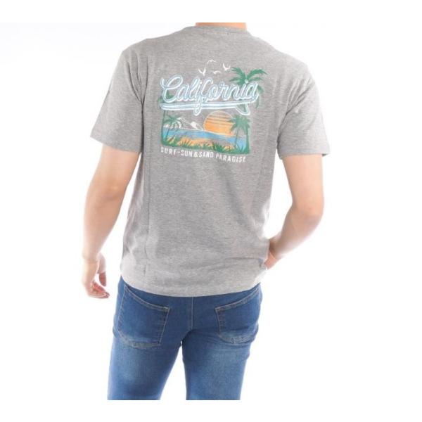 バックにサマーシーンのレトロなイラストをプリントしたデザイン☆フロントは小さなロゴでシンプルに！スリムな細身の綺麗なシルエット♪メンズだけでなくレディースにも人気のユニセックスデザインです。素材：綿 85%　レーヨン15％生産地:バングラデ...