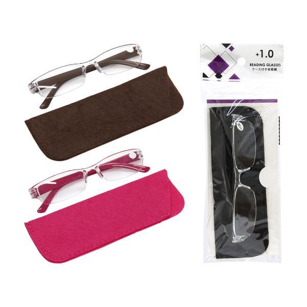 クリアなリムにアクセントカラーのテンプル軽くてケース付きなので外出先で便利にお使いいただけますカラーはビンク、ブラック、ブラウンの3色展開色の指定はできませんパッケージサイズ：約12.5×8.9×2.3cm