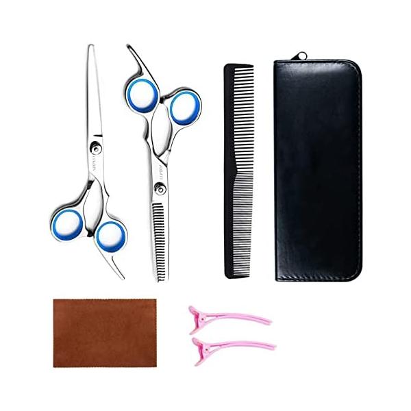 内容：専用収納ケース付き カットバサミ スキバサミ コーム(くし) ヘアピン 拭きタオル両はさみには小指かけなど持ち手の細かい工夫が施されているため自宅で散髪できます。子どもの理髪やセルフカットに便利です。スキバサミの歯が鋭く、同じ間隔で毛...
