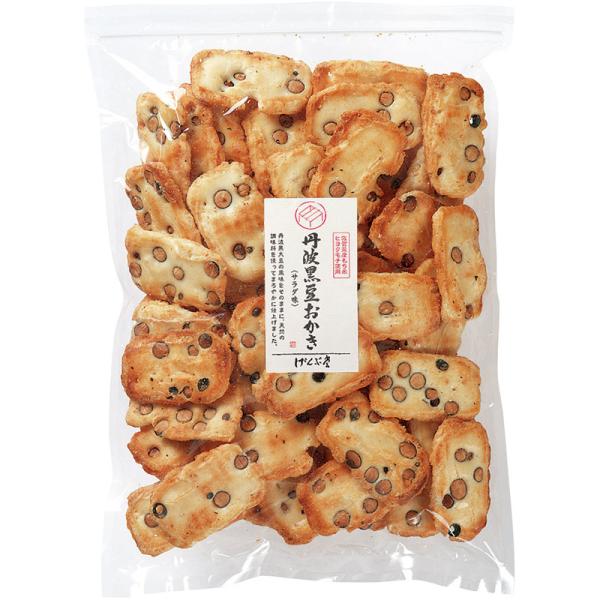 黒豆の香ばしさ、まろやかなサラダ味比較的しっかりした味をお好みの方におすすめの、まろやかなサラダ味。■品名：丹波黒豆おかき(サラダ味)■原材料：もち米（国産）、黒大豆（丹波篠山産）、植物油、食塩、大豆粉末調味料、酵母エキス、昆布エキス、（一...