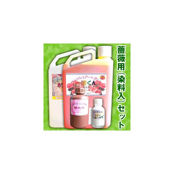 お買得！初心者安心セット。【染料入り・京の華化粧】は色をお選び下さい。■内容：・薔薇用一液くん（染料入り）1000ml×1・ホワイトニング剤 1000ml×1・ホワイトニング剤強化液 100ml×1・京の華化粧 25ml×1■発売元：株式会...