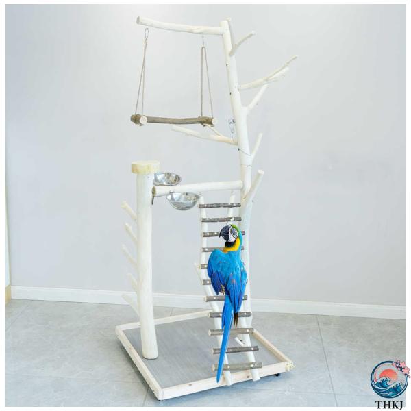 ? 大型オウムスタンド：製品サイズは150×60×60cmで、様々なサイズのオウムに適しています。例えば、大型コンゴウインコ、ヨウム、小型セキセイインコ、ラブバードなどです。? お手入れと移動が簡単：底部の木製シャーシは片側から開閉できるの...