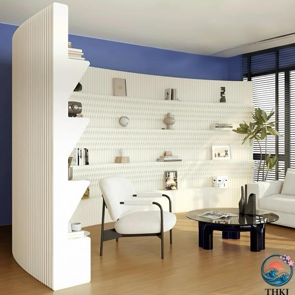 収納＋仕切り：ペーパーパーテーションは革新のな両面デザインを採用し、一面は優雅な屏風として空間を区切り、もう一面は4段の展示台として、本、バッグ、装飾品の展示や、ライブ配信の背景壁にも最適。一物多用です。展開してすぐ使用：ペーパー間仕切りは...