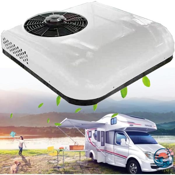 【インテリジェントインバーターカーエアコン】4穴空気出口、2200Wの超強制冷却能力、内蔵ハイパワーラジエーター、高速放熱、高効率と省エネ、高速冷却、暑い中でも十分です。 夏。【RVルーフエアコン】電動スクロールエアコンプレッサーを使用して...