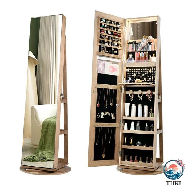 □商品詳細 全身鏡 × 収納 × おしゃれ空間づくり360度回転スタンドミラー付きドレッサーキャビネット鍵付き｜シンプル＆スタイリッシュ｜ホワイト／ブラックウォールナット毎日のコーディネート、メイクアップ、アクセサリー選び。この一台で、あな...