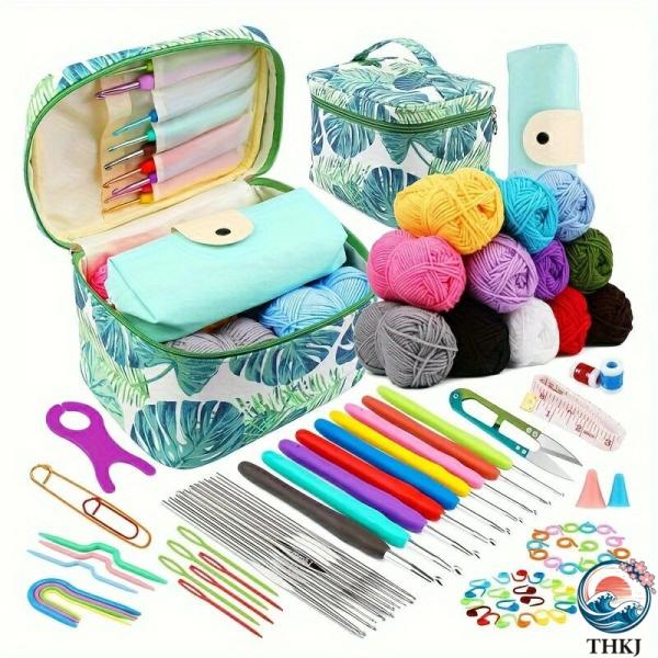 かぎ針編みキット 87ピース/セット - 縫い針、ステッチマーカー、季節を問わない収納バッグ付きの完全なかぎ針編み用品、緑色の生地素材