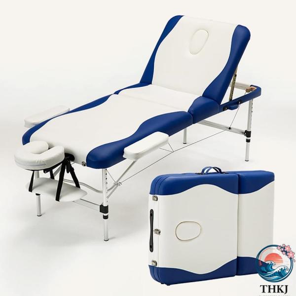 マッサージベッド 折りたたみ 施術用ベッド アルミ・有孔 軽量14KG 耐荷重400KG 長さ186×幅70×高さ48?78cm 整体ベッド ホワイト-ブルー