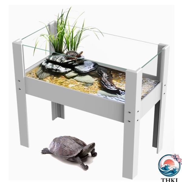 【高品質で耐久性カメ水槽】カメの生息地はABS樹脂の底と5cm厚の高透明なガラスでできており、高精細と透明で、光透過率が高く、空間が大きく、360度観察でき、視聴効果が高く、新しい体験をもたらします。中の小型ペットをはっきり観察でき、靭性と...