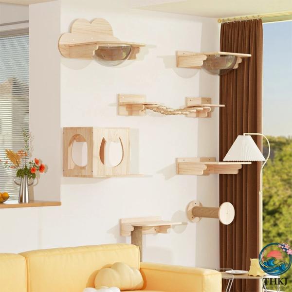 自然な素材 厚手の松の木を採用して作られました、環境に優しい、堅固で高密度な構造、荷重能力は強い、変形しにくくて、自然な木目で、表面はつるつるしていてバリがなくて、猫ちゃんを傷つける心配はありません。 スペース節約 この猫家具セットは猫に休...