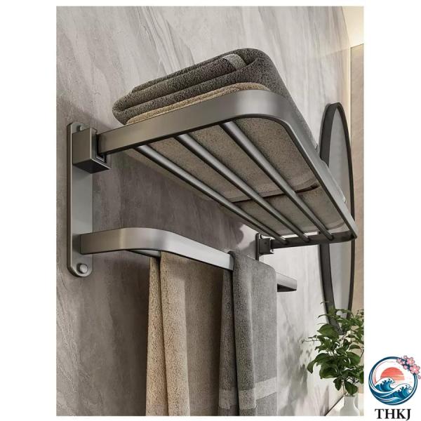 バスルームシェルフ タオル掛け タオルレール壁掛けバスタオルラック、フック付きダブルタオルレールシェルフステンレススチールタオ 堅牢性?耐久性 50kgの耐荷