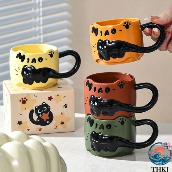 [4個セット] 猫の浮雕デザインの重ねられる収納用マグカップ - 水、コーヒー、ミルク、飲み物、お茶など、多様な用途に使える；オフィスと家庭でお使いいただけ