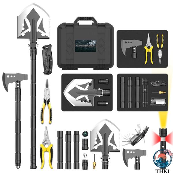 【オールインワンのアウトドアキャンプツール】当社の斧と鍬のセットには、シャベル、懐中電灯、のこぎり、斧、鍬、六角レンチ、はさみ、マルチツール、栓抜き、ドライバー、コンパス、ホイッスル、ハンティングナイフなど、さまざまな便利なツールが含まれて...