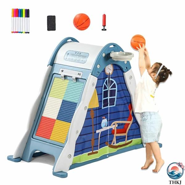 ファイブインワン子供用テント：登山、バスケットボール、子供用積み木、お絵かきボード。 ボールフレームとクライミングゲームプレイは、赤ちゃんのジャンプ能力を向上させ、子供の体力を向上させ、子供の身長を楽しく成長させます。 積み木やお絵かきボー...