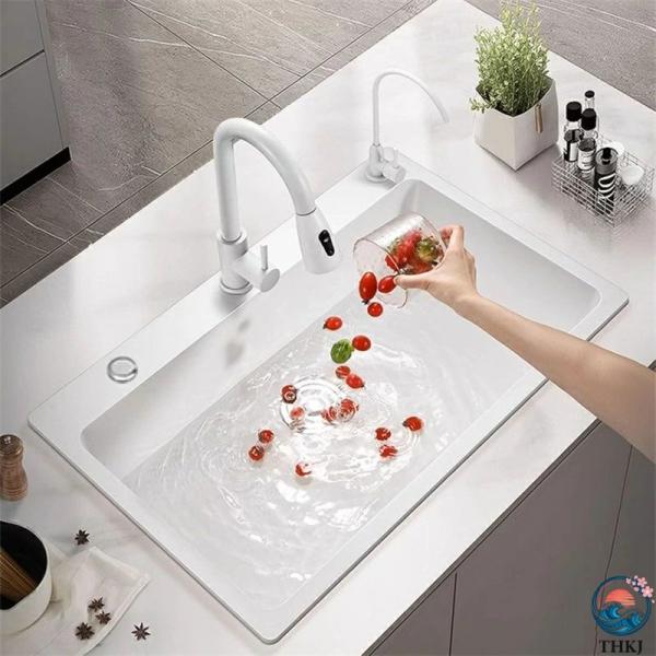 クォーツザイト素材のシンク：耐スクラッチ性と耐摩耗性、耐高温性、耐腐食性、傷がつきにくく、変色しにくく、メンテナンスが不要です。 水で洗い流すだけで、メンテナンスやお手入れは不要です。 ? ?2つの設置方法: キャビネットのデザインに合わせ...