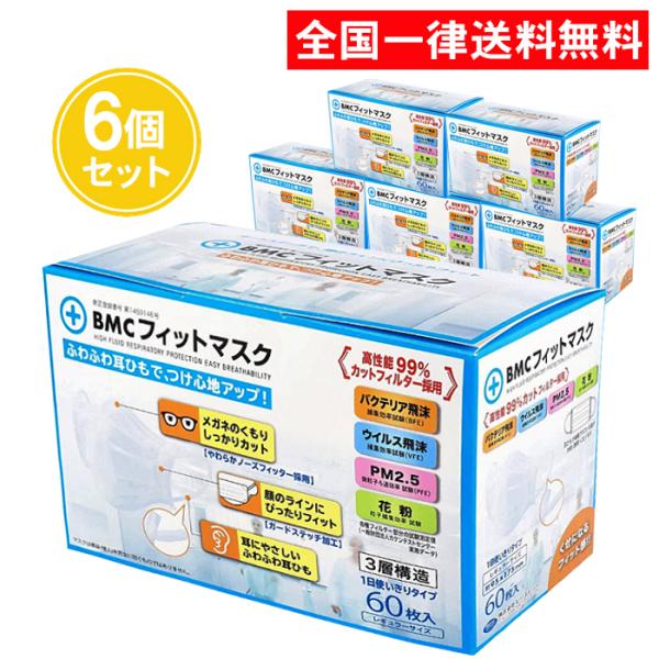 【商品名】BMCフィットマスク レギュラーサイズ 60枚入 6個セット【サイズ】レギュラーサイズ　約95×175mm【入数】60枚入り【セット数】6個セット【対象】風邪・花粉・ほこり等【素材】本体・フィルター部：ポリプロピレン不織布、耳ひも...