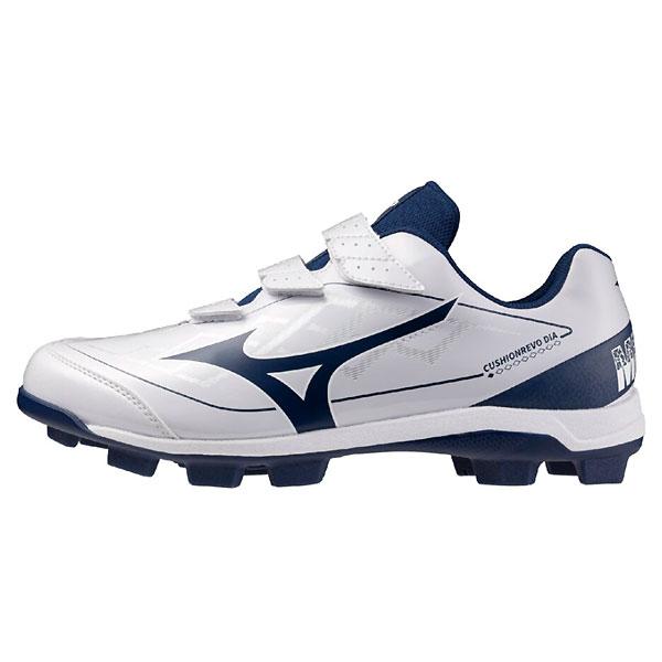 【メーカー】ミズノ（MIZUNO）【カテゴリー】野球【分類】スパイク【商品説明】足への優しさを追求。この1足から野球を始めるすべてのプレーヤーに向けたポイントスパイク。ベルト式。【カラー・仕様・サイズ】カラー：14（ホワイト×ネイビー）素材...