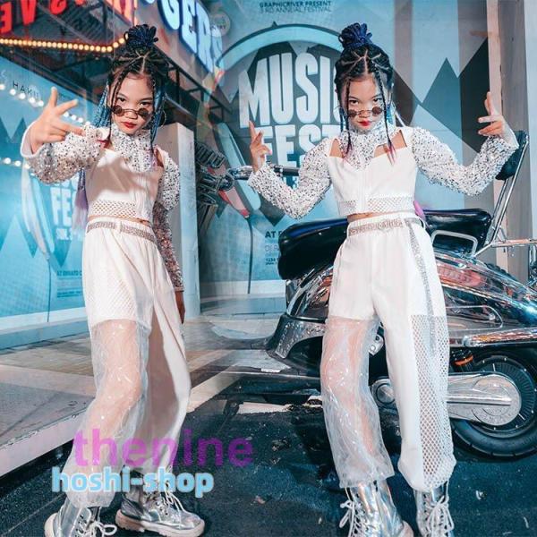 キッズダンス衣装 韓国 キラキラ チア チアガール スパンコール ホワイト ホワイトパンツ セットアップ ジャズダンス ステージ衣装 演奏会 練習着 発表会