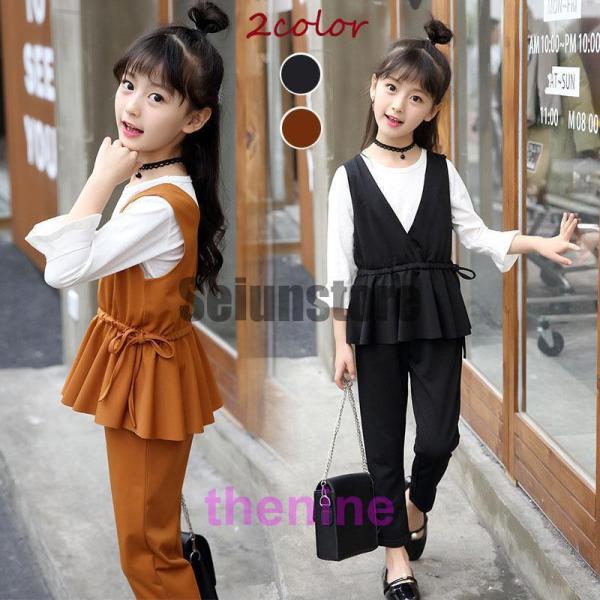 韓国子供服 3点セット 女の子 カジュアル トップス+パンツ 長袖 無地 学生セットアップ 上下セット キッズ こども 秋冬 きれいめ 卒園式 スーツ 入学式■素材：綿/ポリエステル■色：ブラック、キャメル■サイズ：（単位：cm）【110】...
