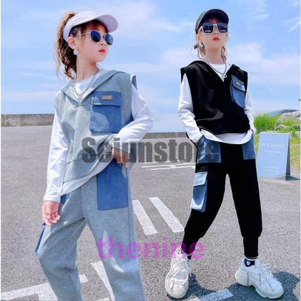 ジャージ キッズ 女子 男女兼用 上下セット 長袖 春秋  3点セット ベスト 子供服 セットアップ Tシャツ 長ズボン トレーナー スポーツウェア  運動着 可愛い 新作■素材：綿混■サイズ：（単位：cm）110  バスト88  トップス...
