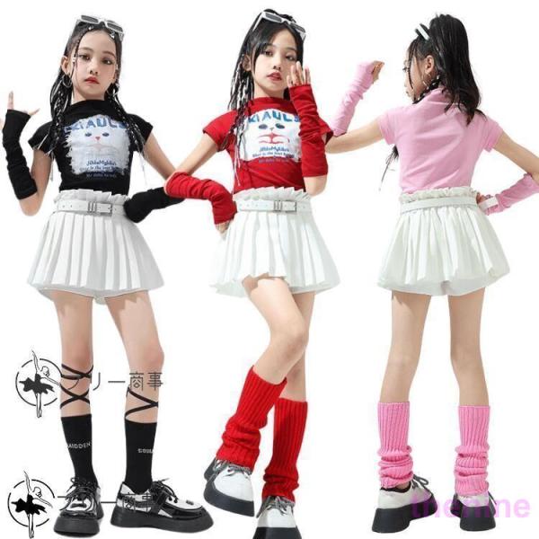かっこいい おしゃれ 韓国 k-pop トップス ヘソ出し ダンス キッズダンス衣装 セットアップキッズ ダンス衣装 ピンク 黒 赤 白 トップス スカート へそ出し 猫 Y2K 可愛い 女の子 セットアップ ヒップホップ チアダンス HI...
