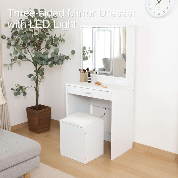 LEDライトで女優気分の三面鏡ドレッサー左右のバランスを確認できる三面鏡【商品サイズ】幅600×奥行390×高さ1300mm【梱包サイズ】735ｘ435ｘ270【素材】■表面材:プリント紙化粧繊維板【製造国】中国【その他スペック】耐荷重(全...