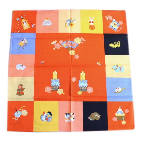 小風呂敷 干支 迎春 正月 縁起物 十二支 ふろしき 綿 風呂敷 小さい 季節物 手土産 お弁当 ランチクロス メール便可【素材】綿100％【サイズ】約51cm×50cmおめだたい迎春小風呂敷。