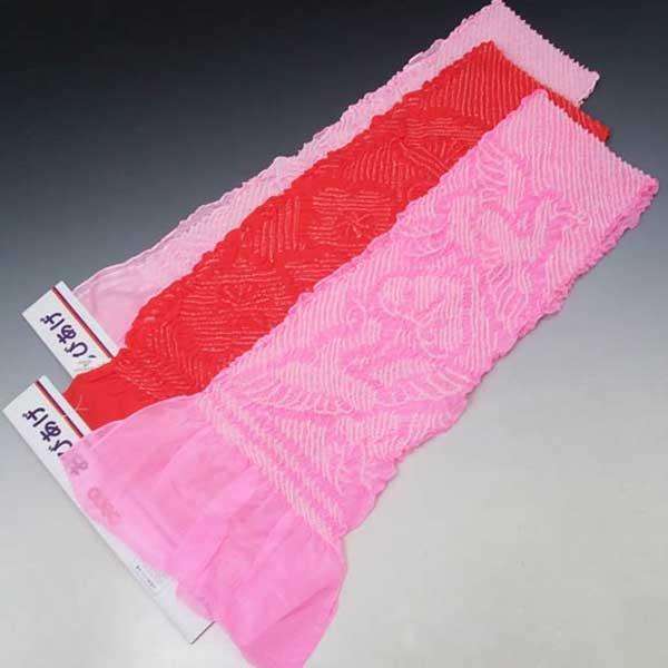 正絹のお子様用帯揚げです。1.赤（梅や松柄）　2薄ピンク（松と鶴柄）　3.濃ピンク(松と鶴柄）　【素材】絹100％　【サイズ】約巾14cm×約100cm　