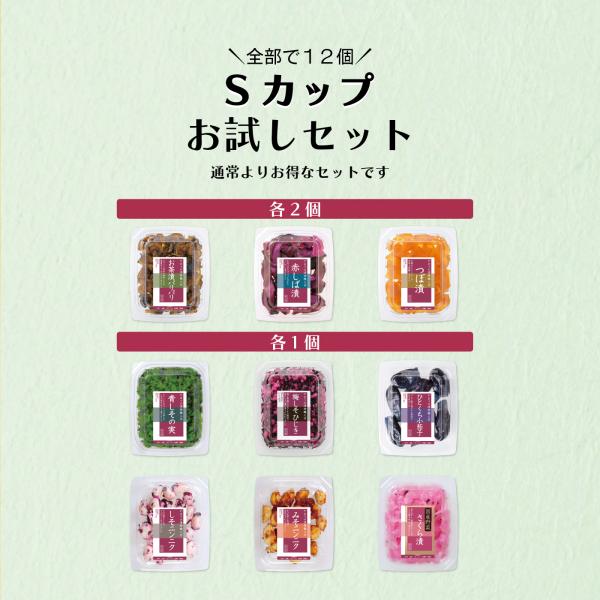 Sカップお試しセット 12個入 (要冷蔵)人気のSカップが12個入ったお買い得なセットです。通常価格よりお買い得です♪セット内容・Sお茶漬パリパリ55g×2個・S赤しば漬55g×2個・Sつぼ漬55g×2個・S青しその実50g×1個・S梅しそ...