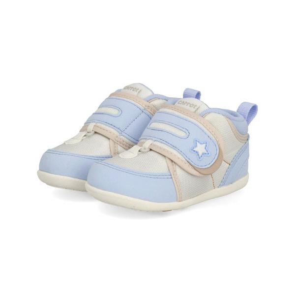 当社限定商品！ お子様の足の成長に合わせた機能を搭載したCarrotきらぼしがデビュー☆ミドルカットで足首を優しく支え、不安定なヨチヨチ歩きをサポート。裏地に吸水性のよいパイル地を使用し、足あたりも柔らか。またベルトに連動してシュータンが前...