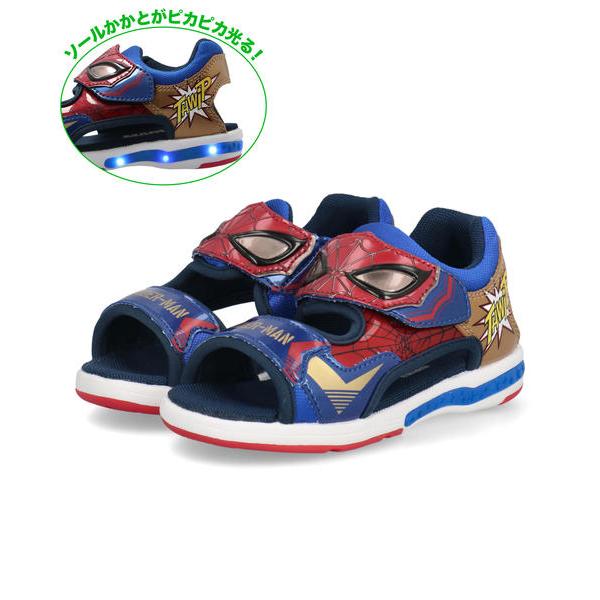 アメリカンコミックのヒーローたちが一堂に集う「マーベル」の「スパイダーマン」をモチーフにした光るサンダル☆人気キャラクター スパイダーマンの目を大きくあしらったベルトや、大胆なカラー使いがインパクト抜群のカッコいいデザイン！ソールかかとにL...