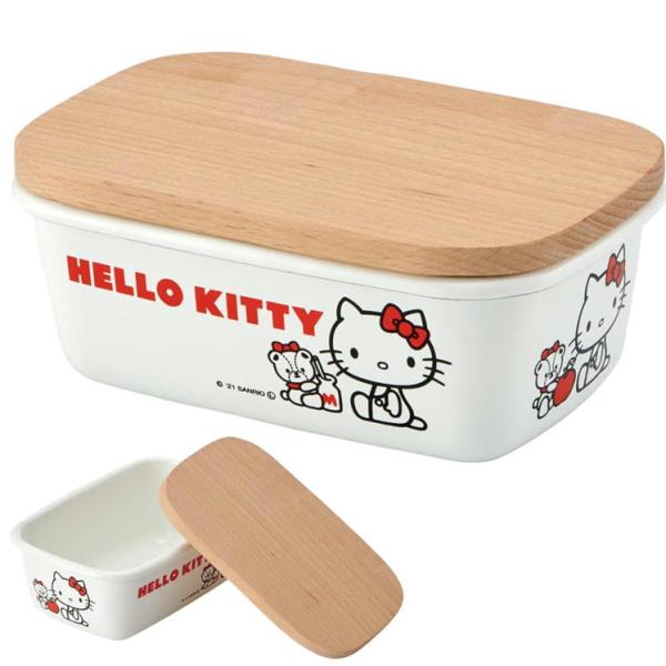 ハローキティ＆タイニーチャムがデザインされたホーローバターケース（木蓋付き）容量は500mlで、市販の200gのバターをそのまま保存できます。?本体は耐酸性・耐蝕性に優れたホーロー製で、臭いが付きにくいのが特徴です。?蓋は天然木（木製）で、...
