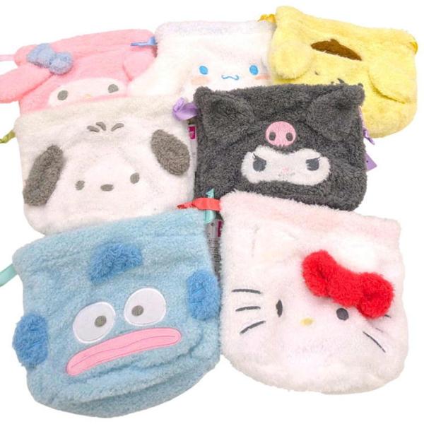 人気の【サンリオキャラクター】のいろいろ使える【ダイカットきんちゃく袋】コップ入れやいろいろな小物入れとして便利な巾着ふわふわとした素材の、マチ付きの巾着ポーチ。 サイズ: 約H135×W170×D70mm（耳など付属を含まない巾着サイズ）...