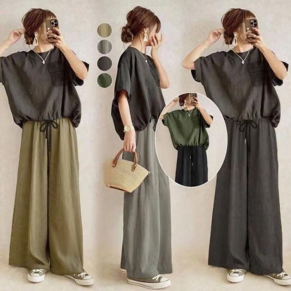 ■販売内容：トップス+パンツ■素材：コットン　ポリエステル■伸縮性：なし　 透け感：なし■色：グレー　カーキ　グリーン　ブラック■サイズ詳細情報：約トップスS総丈52/64cm バスト104cmM総丈53/65cm バスト108cmL総丈5...