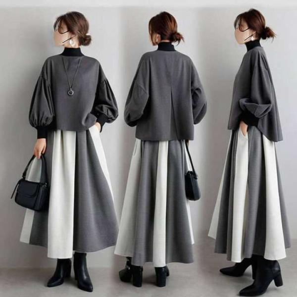 ■販売内容：トップス+スカート■素材：ポリエステル■伸縮性：なし　 透け感：なし■色：グレー■サイズ詳細情報：約トップスS:着丈53cm バスト94cm 袖丈59cm 肩幅37cmM:着丈54cm バスト98cm 袖丈60cm 肩幅38cm...