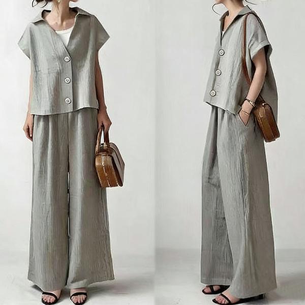 ■販売内容：トップス+パンツ■素材：ポリエステル■伸縮性：なし　 透け感：なし■色：グレー■サイズ詳細情報：約トップスS:総丈53/62cm バスト94cm 肩幅37cm 袖丈19cmM:総丈54/63cm バスト98cm 肩幅38cm 袖...