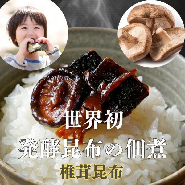 昆布と椎茸で炊き上げた佃煮ごはんのおともやお酒のおつまみとして肉厚の昆布からジュワ〜っと染み出る旨み、醤油の芳ばしい香りが食欲そそる塩昆布風発酵食品です。天然酵母で発酵させた素材の甘みや旨みを凝縮した秘伝のタレを独自の「直火仕込製法」で旨み...