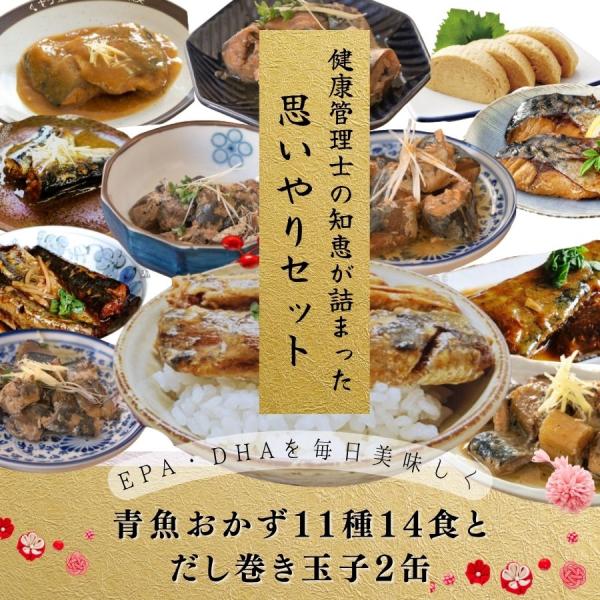 健康管理士の知恵が詰まった、体への思いやりを贈る青魚おかず11種14食＆だし巻き玉子2缶 の特別セット青魚のサラサラ成分： 現代人に不足しがちなEPA・DHAが豊富な「さば・いわし」を主役に。脂ののった国産魚を、味噌煮や生姜煮など飽きのこな...
