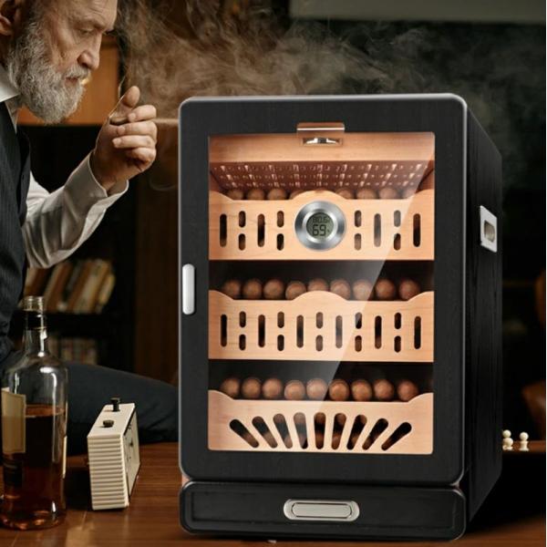 送料無料 葉巻ボックス 手作り  大容量 葉巻ケース 高光沢 杉木材 シガー 湿度計 加湿器 喫煙具 保湿  木製シガレット 収納ケース たばこ保管 葉巻保管庫 保湿