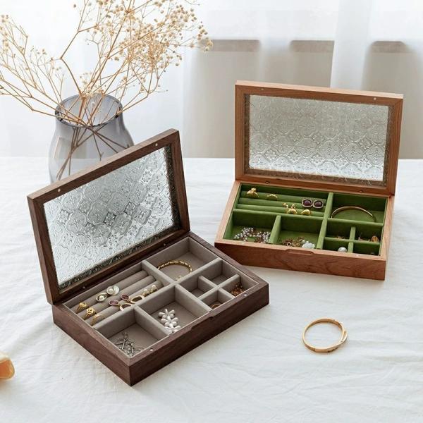 フローラガラス ジュエリーボックス アクセサリーケース 大容量 仕切り調整 1段 木製 ビーチウッド ウールナット ガラス ウッドケース おしゃれ 高級 宝石箱アク