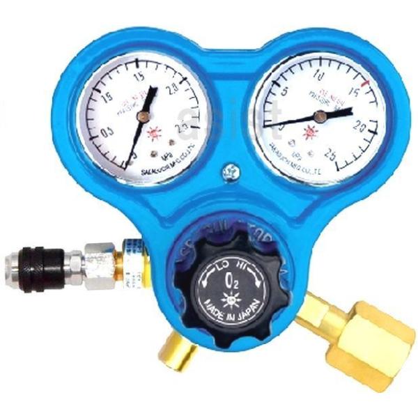 ■酸素調整器■逆火防止装置付き■ワンタッチカプラ付き■関東式■SG-3K■阪口製作所■小型軽量■★入口側容器接続部分は密着不良を防ぐフリースライド式を採用!!★二次側圧力の過剰な増圧を防ぐため、圧力調整ハンドルにストッパーを内蔵し、安全性に...