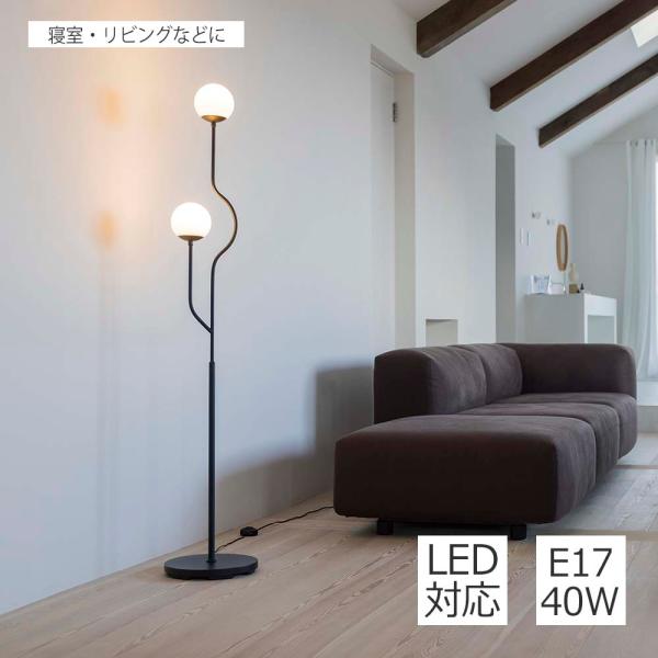 珍しい2灯タイプのフロアライト。枝分かれした形状と、光源を迂回させるラインデザインが特徴です。マットブラックで仕上げたカラーがシャープでモダンな印象を与えつつも、街灯のようなやさしい光を灯します。オブジェのような洗練された佇まいは消灯時も顕...